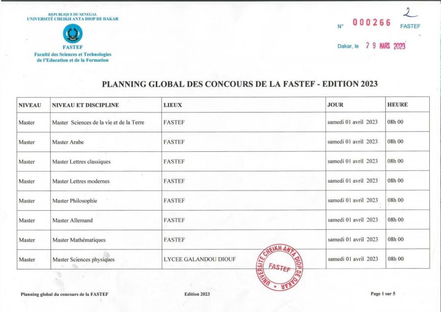 Panning global des concours (ELEVES-PROFESSEURS, CREI et PROBATOIRE) de la FASTEF - Edition 2023 ...